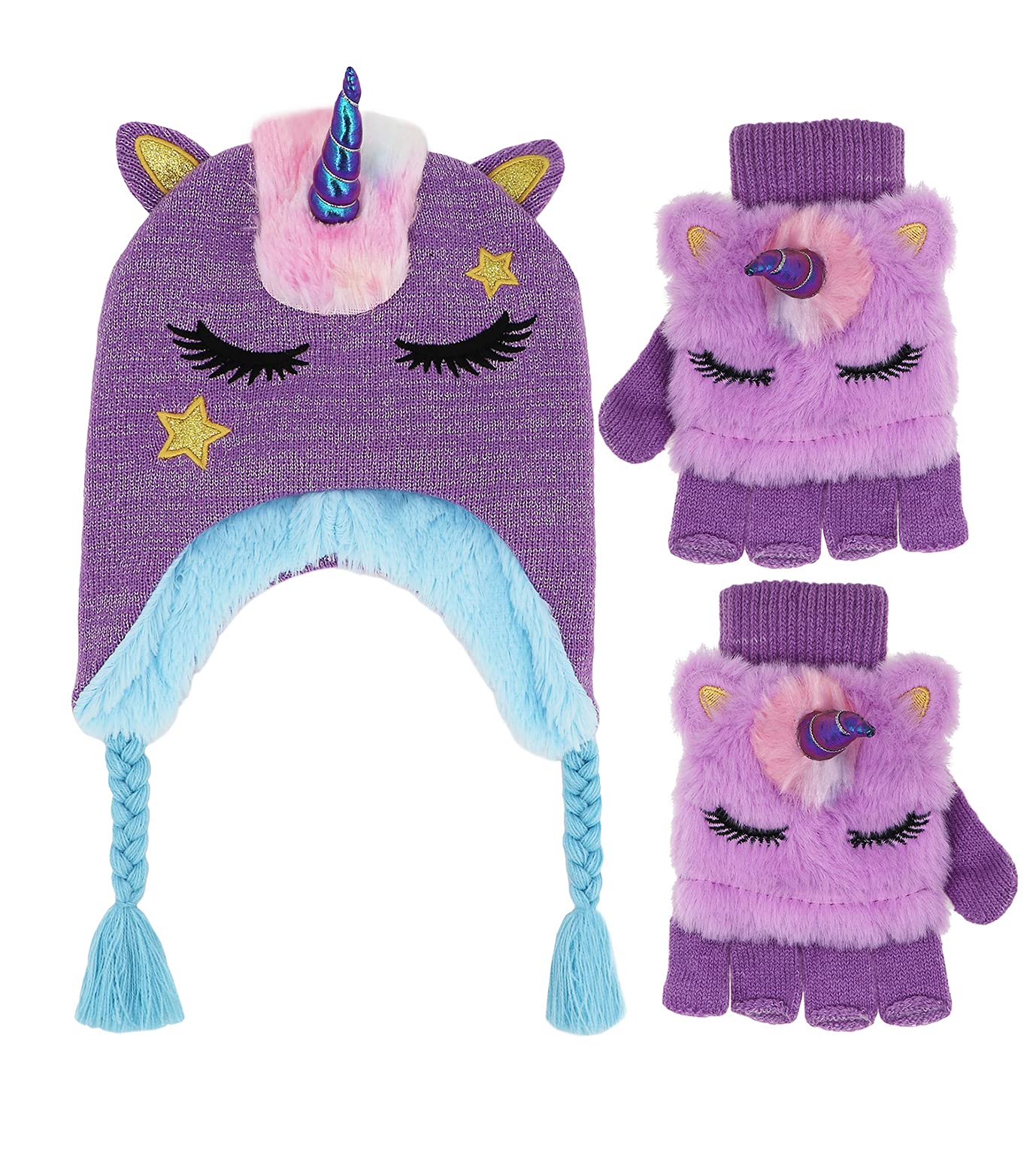Newfancy Kids Girls Cute Glitter Unicorn Beanie Winter Hat and Glove Set Knitted Earflap Cap Flip Top Mitten Set Purple One Size