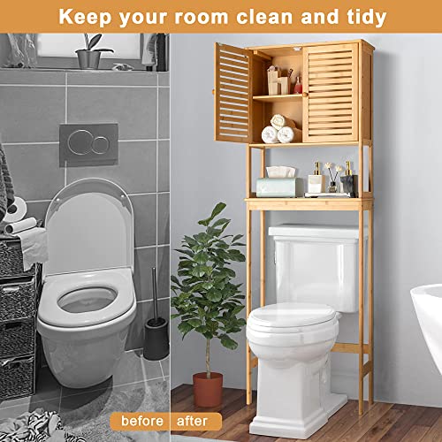 Markif Bamboo 2 Doors 1 Shelf Toilet Cabinet Bathroom Cabinet Over The Toilet Storage Cabinet,Bathroom Organizer with Adjustable Inside Shelf and Bottom Stabilizer Bar, Space-Saving Toilet Rack