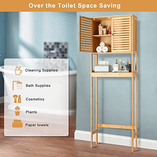 Markif Bamboo 2 Doors 1 Shelf Toilet Cabinet Bathroom Cabinet Over The Toilet Storage Cabinet,Bathroom Organizer with Adjustable Inside Shelf and Bottom Stabilizer Bar, Space-Saving Toilet Rack