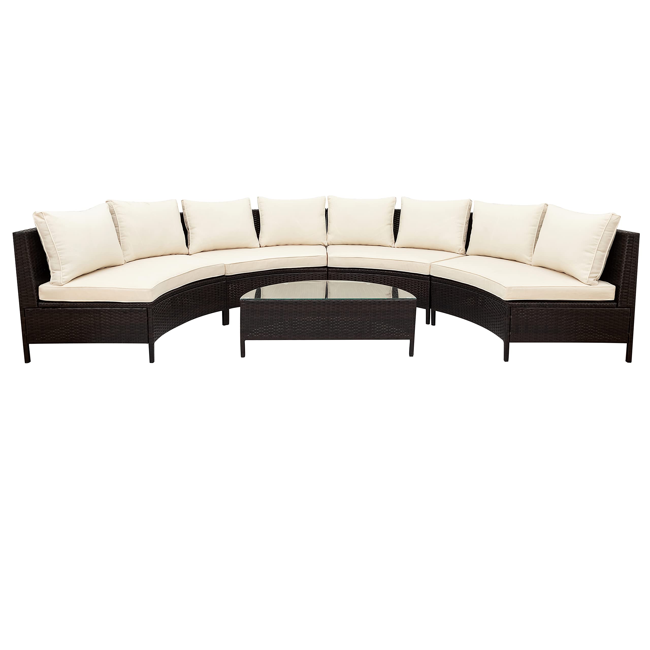 Rhomtree 5-Piece Outdoor Sectional Sofa Set Half-Moon Wicker Conversation Set with Beige Cushions & Tempered Glass Coffee Table, All-Weather Brown PE Rattan Wicker Sofa