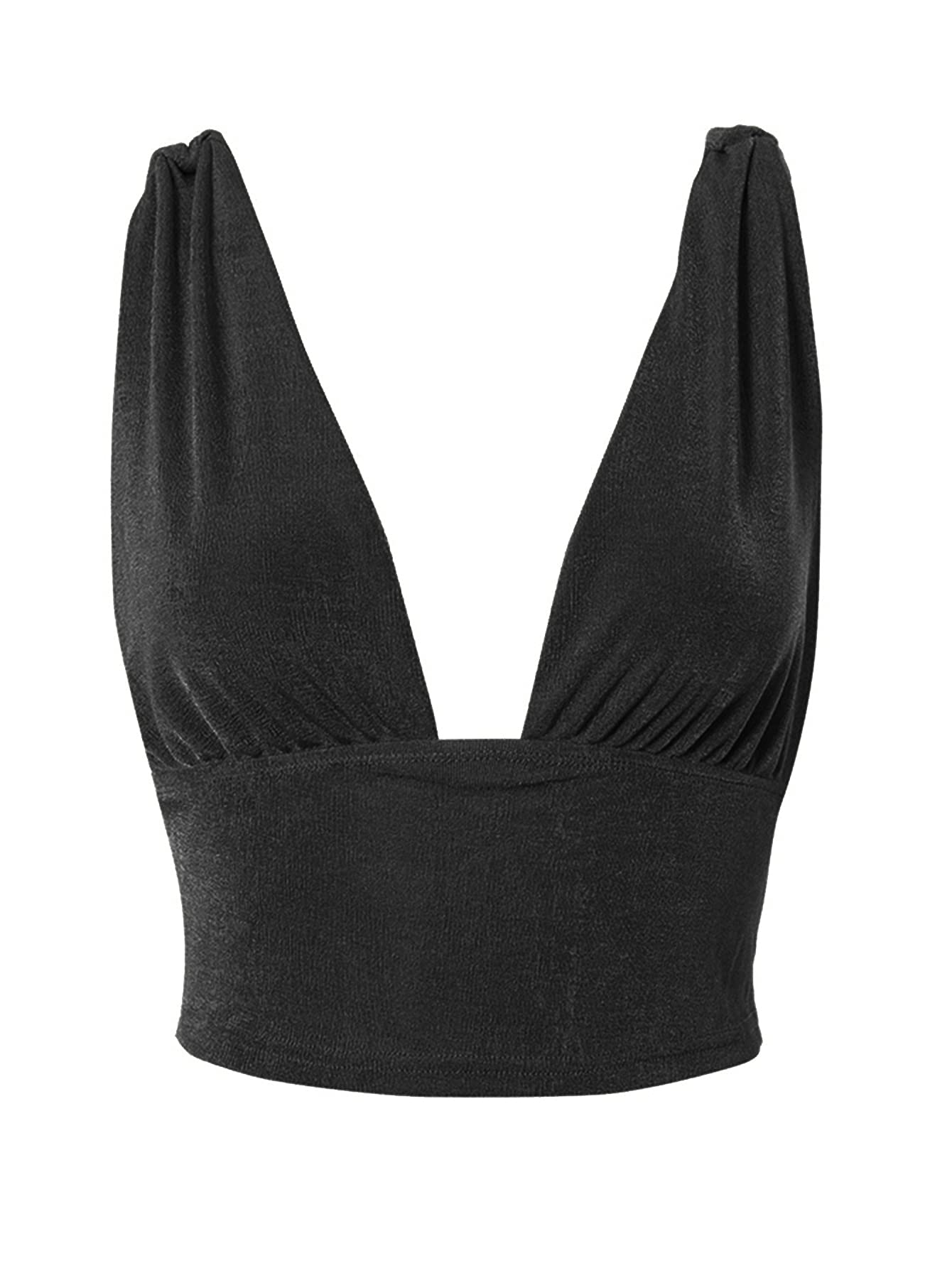 LYANER Women's Sexy Deep V Neck Slim Fitted Strap Crop Cami Tank Sleeveless Top Black X-Large