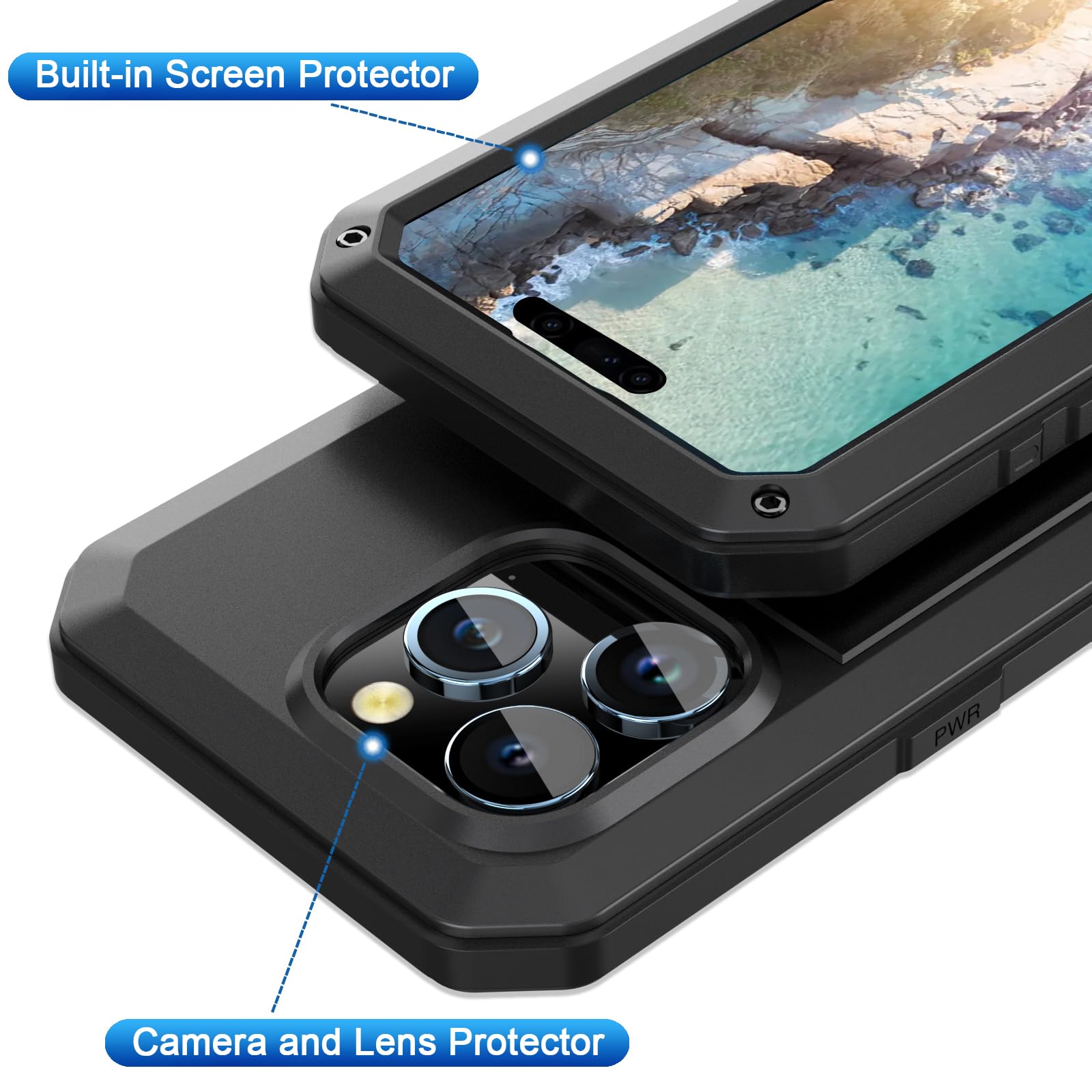 Marrkey for iPhone 13 Pro Max Case,360 Full Body Protective Cover Heavy Duty Shockproof Tough Armour Aluminum Metal Case with Silicone Built-in Screen Protector for iPhone 13 Pro Max 6.7" - Black