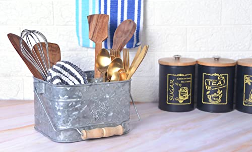 Quaintera Designs Hand Crafted Carry Caddy for Storage - Galvanized Iron Multipurpose Storage Bin Organizer with 4 Compartments - Ideal for Kitchen, gardening tools, BBQs. (8x7x6, Antique Natural)