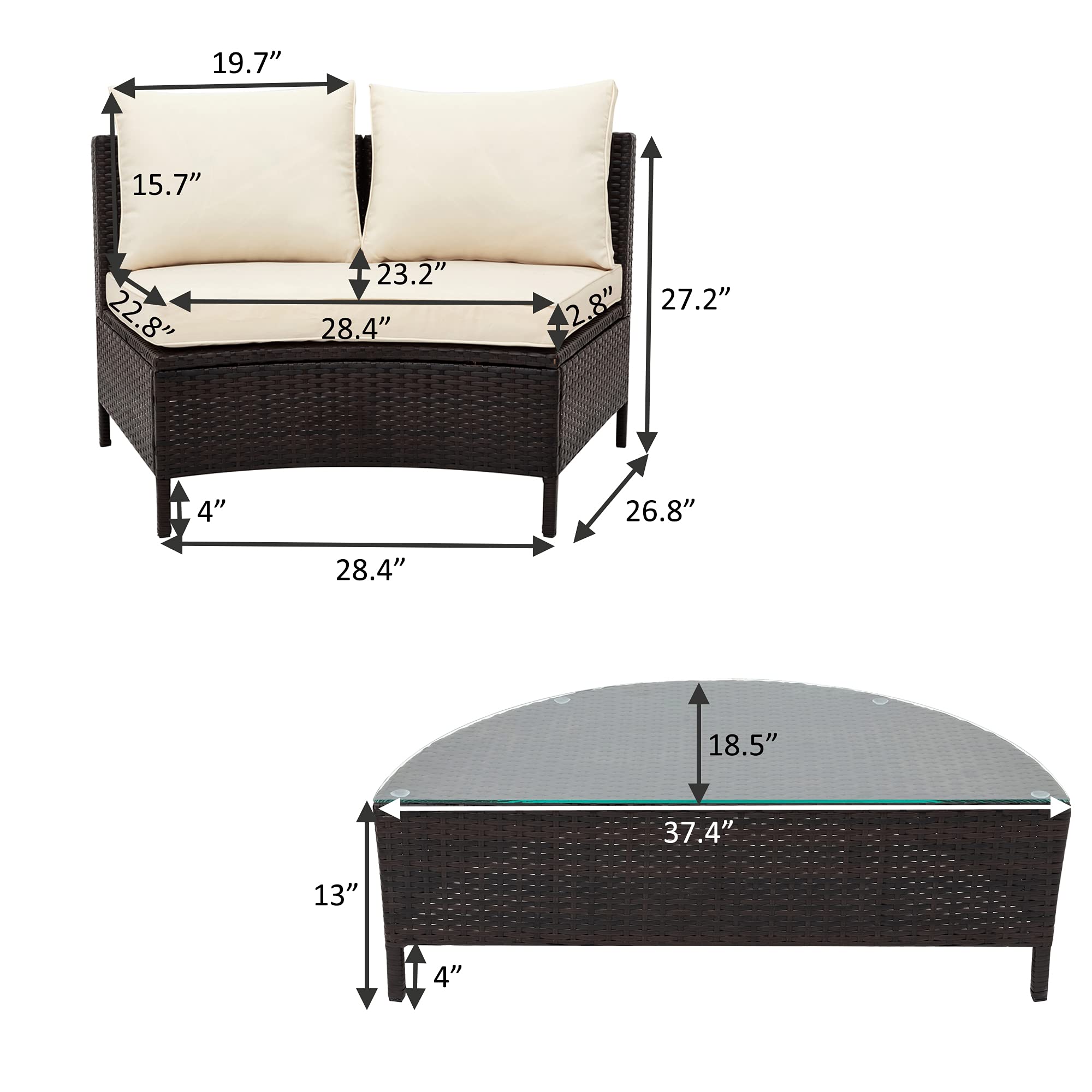 Rhomtree 5-Piece Outdoor Sectional Sofa Set Half-Moon Wicker Conversation Set with Beige Cushions & Tempered Glass Coffee Table, All-Weather Brown PE Rattan Wicker Sofa