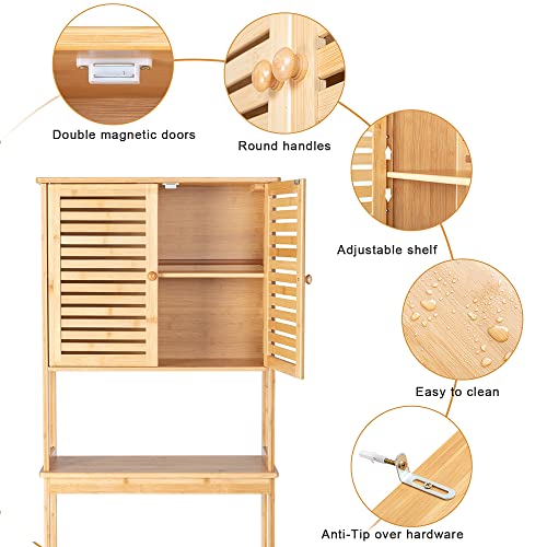 Markif Bamboo 2 Doors 1 Shelf Toilet Cabinet Bathroom Cabinet Over The Toilet Storage Cabinet,Bathroom Organizer with Adjustable Inside Shelf and Bottom Stabilizer Bar, Space-Saving Toilet Rack