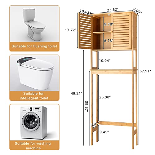 Markif Bamboo 2 Doors 1 Shelf Toilet Cabinet Bathroom Cabinet Over The Toilet Storage Cabinet,Bathroom Organizer with Adjustable Inside Shelf and Bottom Stabilizer Bar, Space-Saving Toilet Rack