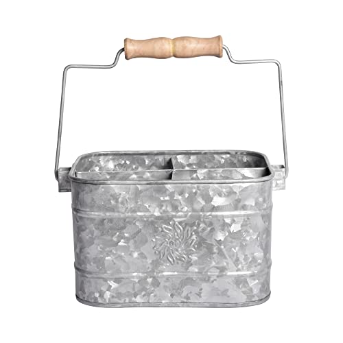 Quaintera Designs Hand Crafted Carry Caddy for Storage - Galvanized Iron Multipurpose Storage Bin Organizer with 4 Compartments - Ideal for Kitchen, gardening tools, BBQs. (8x7x6, Antique Natural)