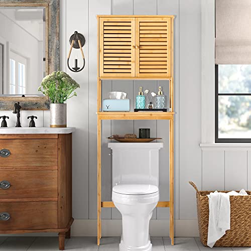 Markif Bamboo 2 Doors 1 Shelf Toilet Cabinet Bathroom Cabinet Over The Toilet Storage Cabinet,Bathroom Organizer with Adjustable Inside Shelf and Bottom Stabilizer Bar, Space-Saving Toilet Rack