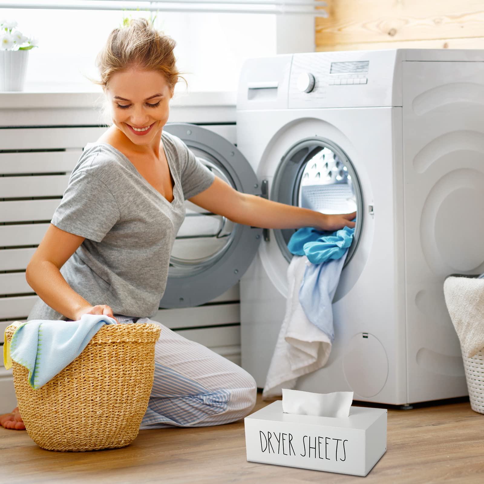 Dryer Sheet Holder Dispenser Container Dryer Sheet Storage Box for Laundry Room Decor Light Luxury Style Fabric Softener Dispenser for Organizing Decorations (White,Wood)