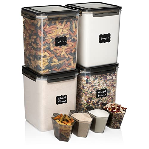 WHITE FEATHER SUPPLIES 4 PC [5.2L / 175 Oz] Large Airtight Food Storage Containers with Lids - Leakproof BPA Free Plastic Kitchen & Pantry Organization for Sugar, Flour & Rice + 4 Measuring Cups