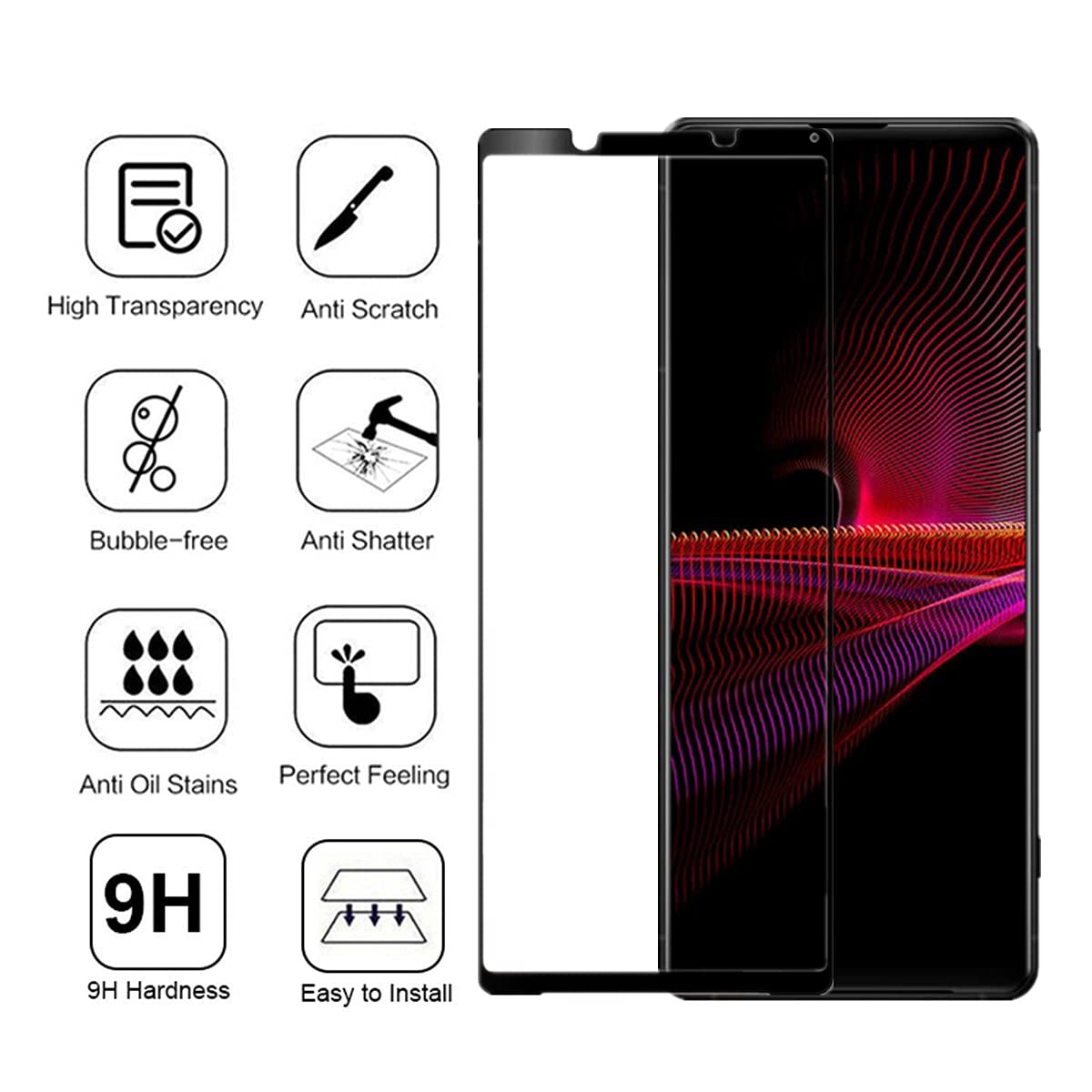 AISELAN for Sony Xperia 1 III Full Coverage Screen Protector Glass, [2 Pcs] Black Silk Anti-Scratch Case Friendly Tempered Glass Protective Film for Sony Xperia 1 III Phone