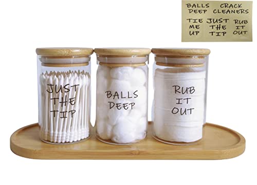 Haplasoo Set Of 3 Glass Jars with Airtight Bamboo Lids and Tray Qtip Holder Cotton Ball Swab Pad Dispenser For Bathroom Organization Canisters For Bobby Pin