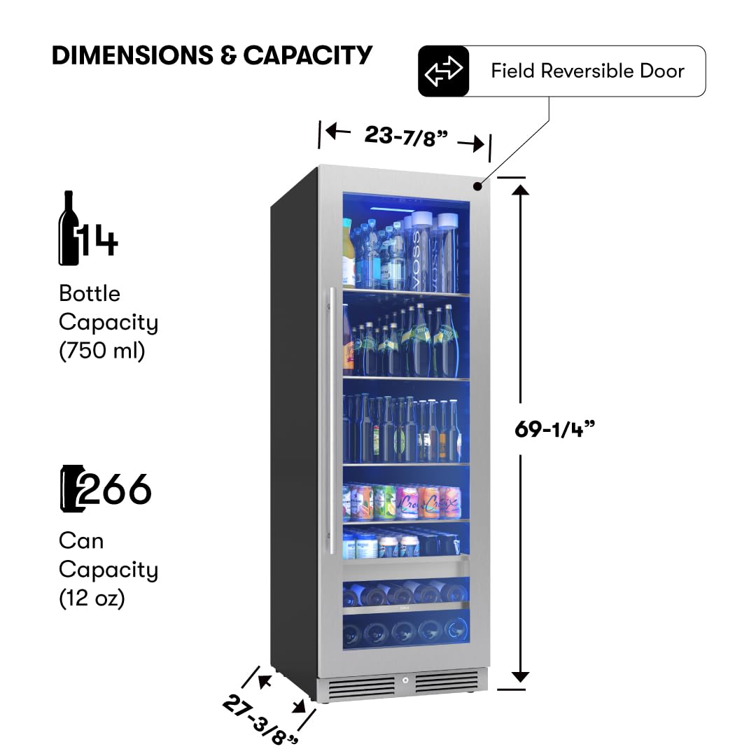 Zephyr 24 Inch Wine Fridge & Beverage Refrigerator Single Zone Full Size - Tall Wine Cooler Cellars Large Bar Drink Cabinet Freestanding with Glass Door - 266x12oz cans & 14x750 ml bottles