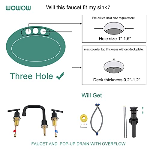 WOWOW Two Handles Widespread 8 inch Bathroom Faucet Black 3 Pieces Basin Faucets 360 Degree Swivel Spout Lavatory Sink Faucet