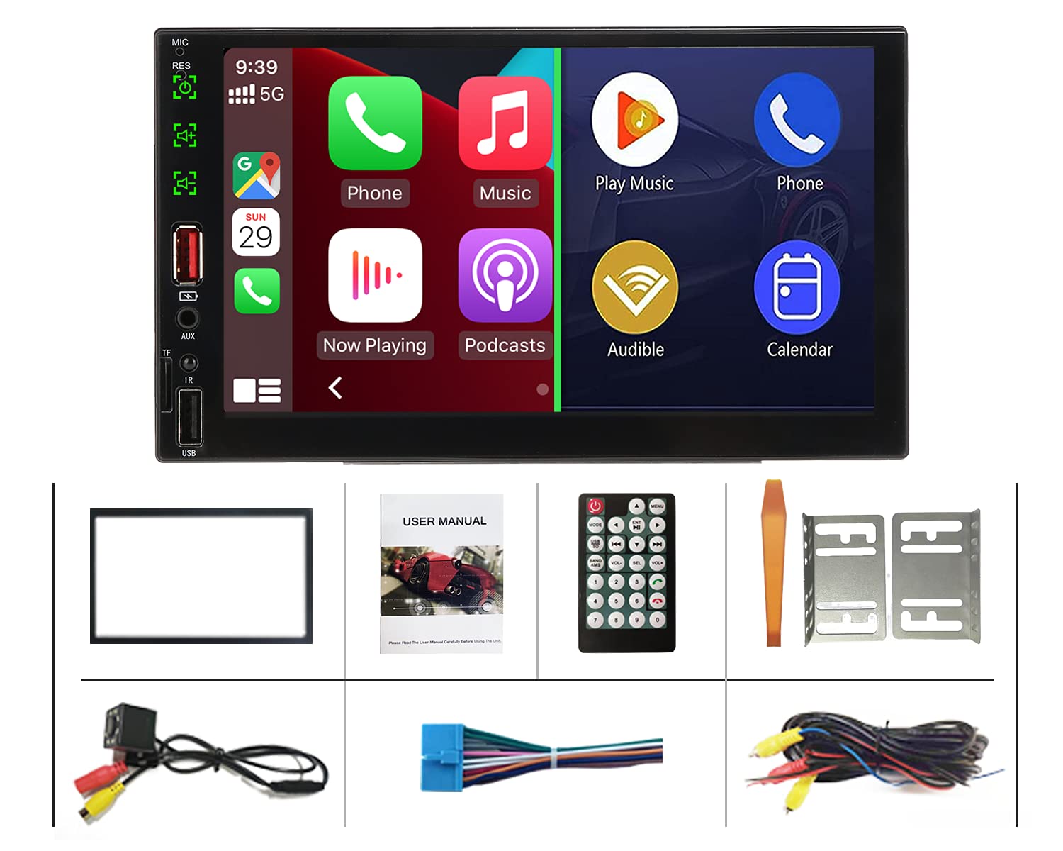 Double Din Car Stereo Compatible with Wireless Apple Carplay and Android Auto,7 Inch Touch Screen with Bluetooth 5.2,16-Segment EQ Car Audio Receivers,Mp5,Mirror Link,HD Backup Camera,FM Car Radio