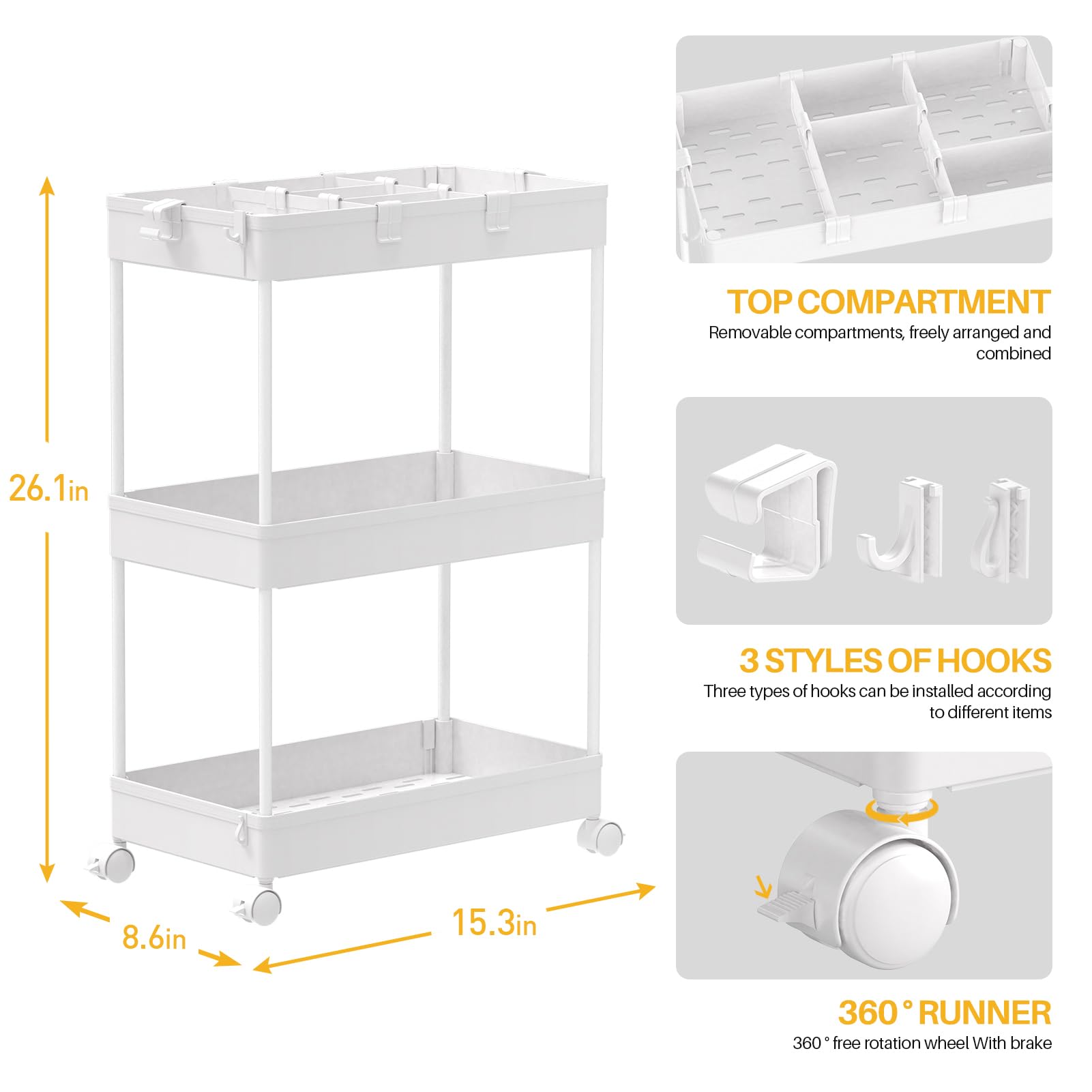 SPACELEAD 3 Tier Rolling Cart with Wheels, Storage Craft Art Trolley Organizer Serving, 3 Hanging Baskets Easy Assembly, for Office, Living Room, Kitchen, White