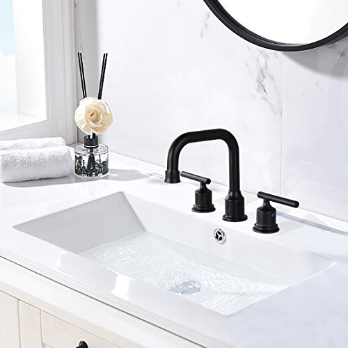 WOWOW Two Handles Widespread 8 inch Bathroom Faucet Black 3 Pieces Basin Faucets 360 Degree Swivel Spout Lavatory Sink Faucet