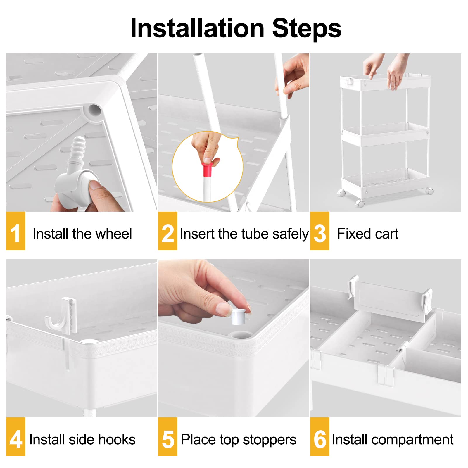 SPACELEAD 3 Tier Rolling Cart with Wheels, Storage Craft Art Trolley Organizer Serving, 3 Hanging Baskets Easy Assembly, for Office, Living Room, Kitchen, White