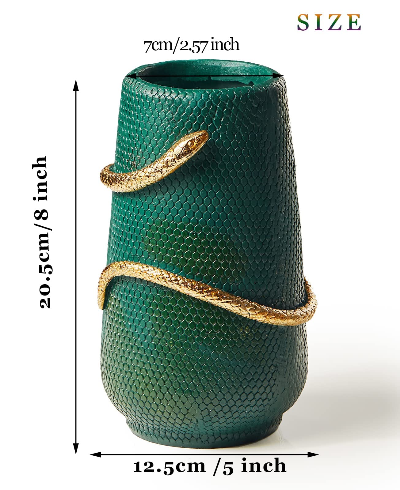 Flower Vase 8 Inch Green and Gold Snake vases for Decor, Unique Flower Vase for Bookshelf, Dinner Table, Living Room, Mantel, Halloween Decor (Upgraded) 1 pc.