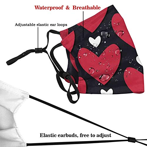 Valentines Cloth Face Mask With Filter Pocket Romantic Heart Shapes Doodle Love Theme Anniversary,Washable Face Bandanas Balaclava Dust-Proof Reusable Fabric Mask With 2 Pcs Filters,Ruby Black White