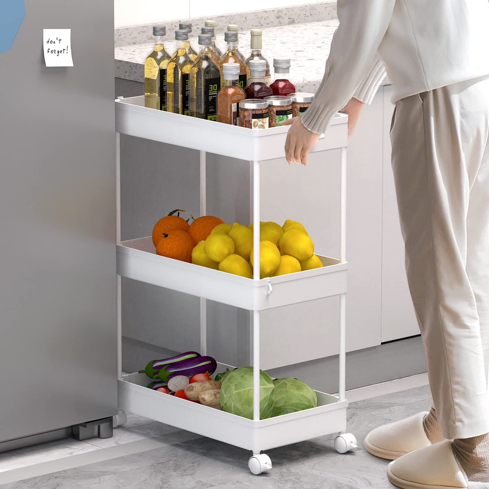SPACELEAD 3 Tier Rolling Cart with Wheels, Storage Craft Art Trolley Organizer Serving, 3 Hanging Baskets Easy Assembly, for Office, Living Room, Kitchen, White