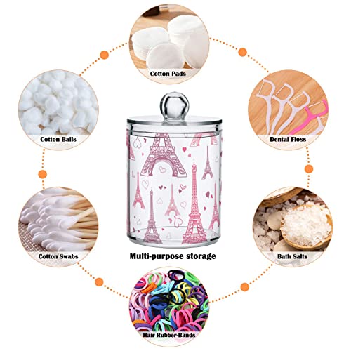 Kigai Romantic Eiffel Tower Clear Plastic Apothecary Jars 2 Pack, 14 oz Qtip Holder Dispenser with Lid for Cotton Ball, Cotton Swab, Floss Picks, Makeup Sponges, Hair Clips