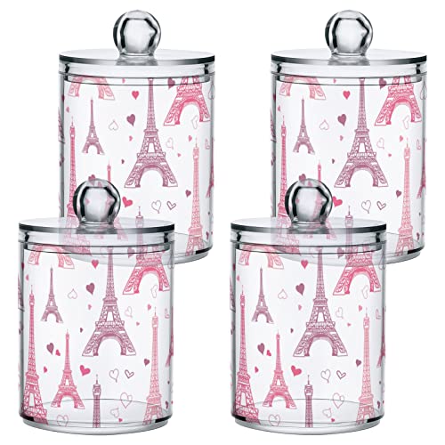 Kigai Romantic Eiffel Tower Clear Plastic Apothecary Jars 2 Pack, 14 oz Qtip Holder Dispenser with Lid for Cotton Ball, Cotton Swab, Floss Picks, Makeup Sponges, Hair Clips