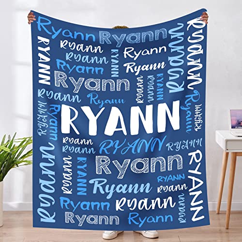 Personalized Blanket with Name - Custom Blankets for Girls Boys Adults Baby - Monogrammed Soft Flannel Blankets and Throws - Gift Blanket for Christmas Birthday Valentines Day (Blue-1)