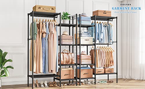 Isyunen Garment Rack, Heavy Duty Clothes Rack with Double Rods and 6 Storage Shelves and 1 Pairs Side Hooks for Hanging Clothes,Adjustable Metal Freestanding Closet Wardrobe Rack,Black (Black)
