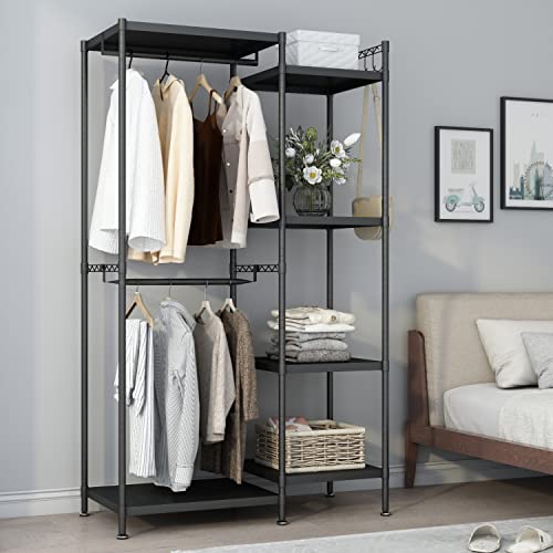 Isyunen Garment Rack, Heavy Duty Clothes Rack with Double Rods and 6 Storage Shelves and 1 Pairs Side Hooks for Hanging Clothes,Adjustable Metal Freestanding Closet Wardrobe Rack,Black (Black)