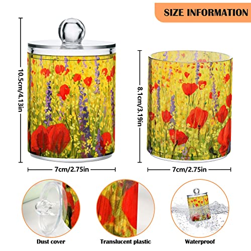 4 Pack Qtip Holder Dispenser Red Poppies and Yellow Flower Field Cotton Ball Cotton Swab Cotton Round Pads Floss Clear Bathroom Storage Containers Plastic Apothecary Jars with Lids