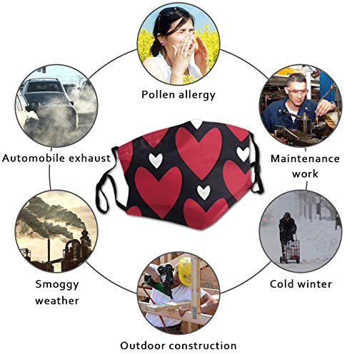 Valentines Cloth Face Mask With Filter Pocket Romantic Heart Shapes Doodle Love Theme Anniversary,Washable Face Bandanas Balaclava Dust-Proof Reusable Fabric Mask With 2 Pcs Filters,Ruby Black White