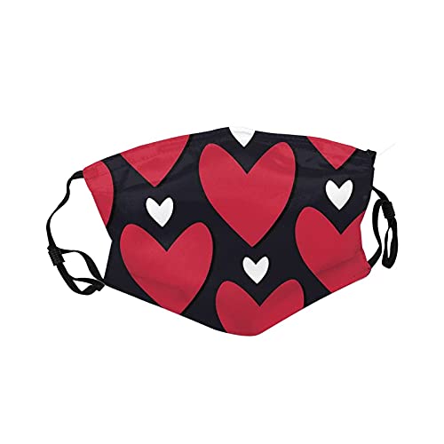 Valentines Cloth Face Mask With Filter Pocket Romantic Heart Shapes Doodle Love Theme Anniversary,Washable Face Bandanas Balaclava Dust-Proof Reusable Fabric Mask With 2 Pcs Filters,Ruby Black White