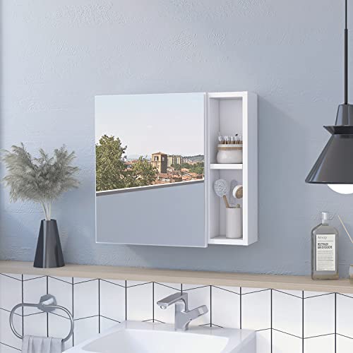 Voohek Medicine Cabinet with Three Internal, Single Door and Two External Shelves for Bathroom, a Unique Mirror, Manufactured Wood, White