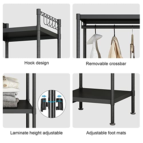 Isyunen Garment Rack, Heavy Duty Clothes Rack with Double Rods and 6 Storage Shelves and 1 Pairs Side Hooks for Hanging Clothes,Adjustable Metal Freestanding Closet Wardrobe Rack,Black (Black)