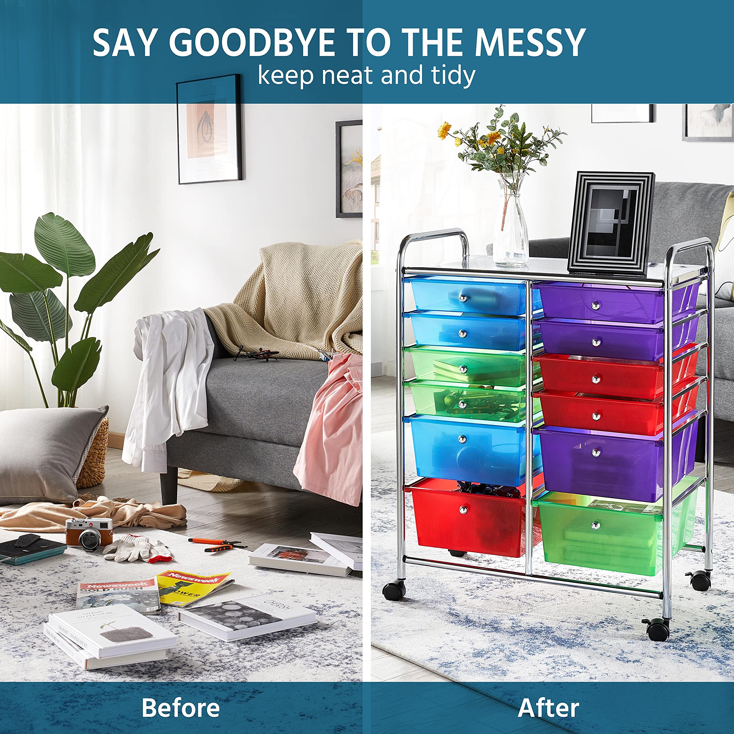Topeakmart Utility Cart with 12 Drawers Rolling Cart Organizer Plastic Storage Drawers Craft Trolley 360 Degree Castor Wheels, Multicolor