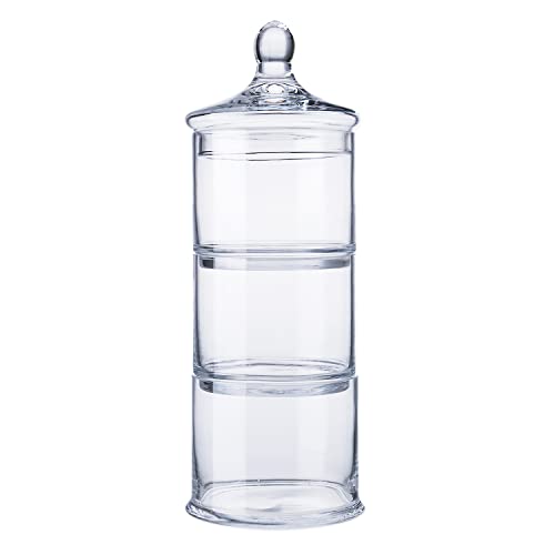 Diamond Star Clear 3 Tier 17 inch Stacking Apothecary Jars, Decorative Round Stackable Snack Storage Canister with Lid for Sweets, Animal Treats, Dry Foods, Fruit, Nuts, Coffee Bean and Building Blocks