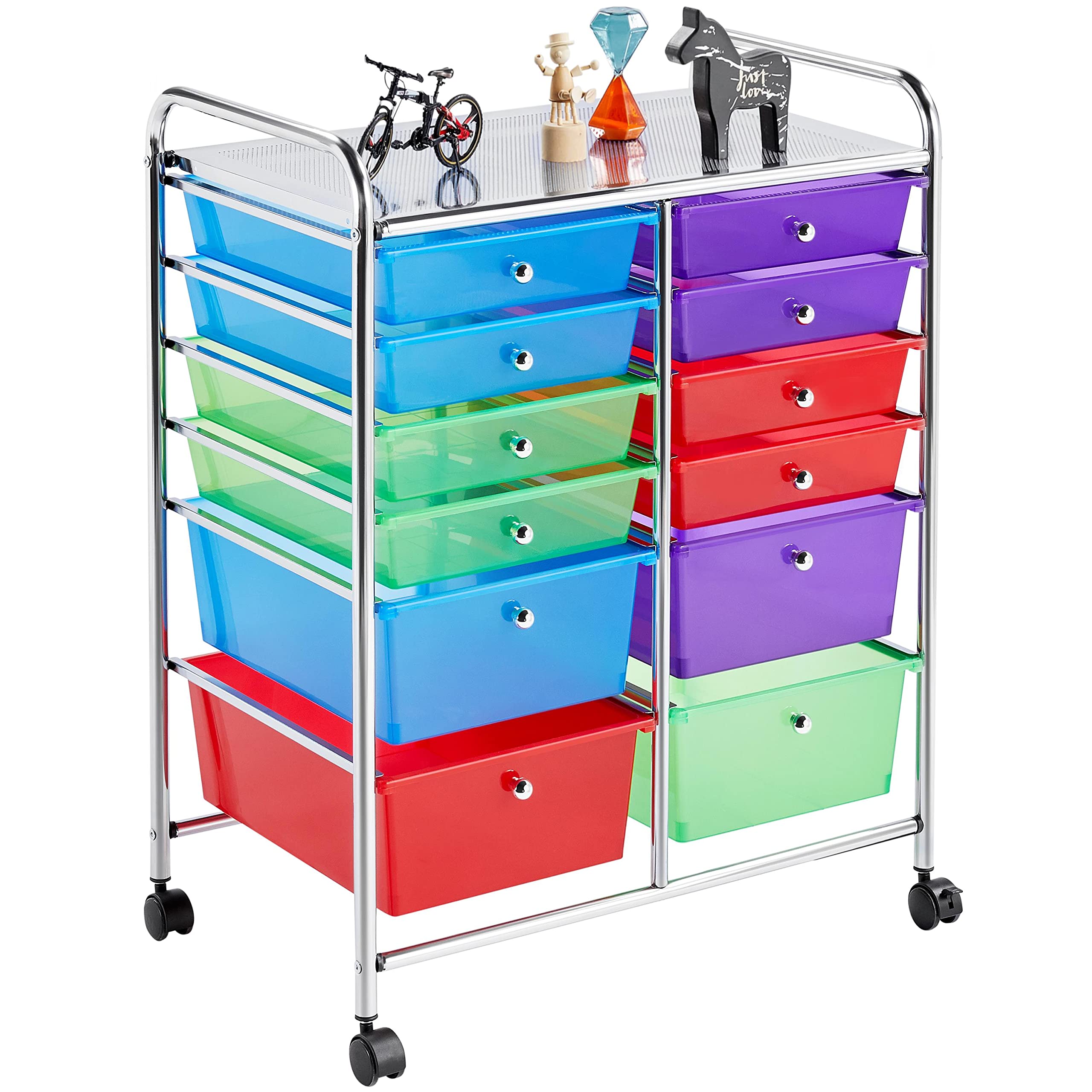 Topeakmart Utility Cart with 12 Drawers Rolling Cart Organizer Plastic Storage Drawers Craft Trolley 360 Degree Castor Wheels, Multicolor