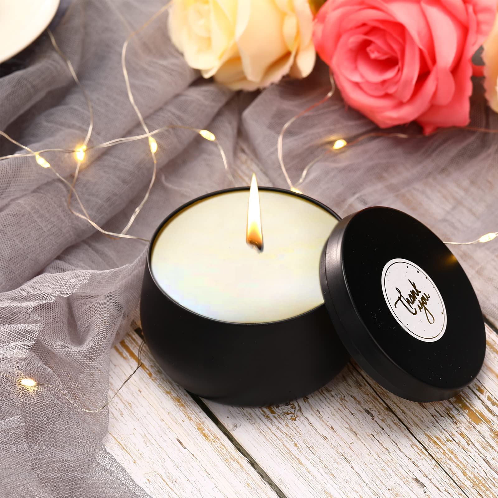 Candle Tin with Lids Candle Jars Portable Round Candle Tin Container Large Candle Metal Tin with 24 Thank You Sticker for DIY Bulk Candle Making Kitchen Candy 24 Pieces 8 oz (Black)
