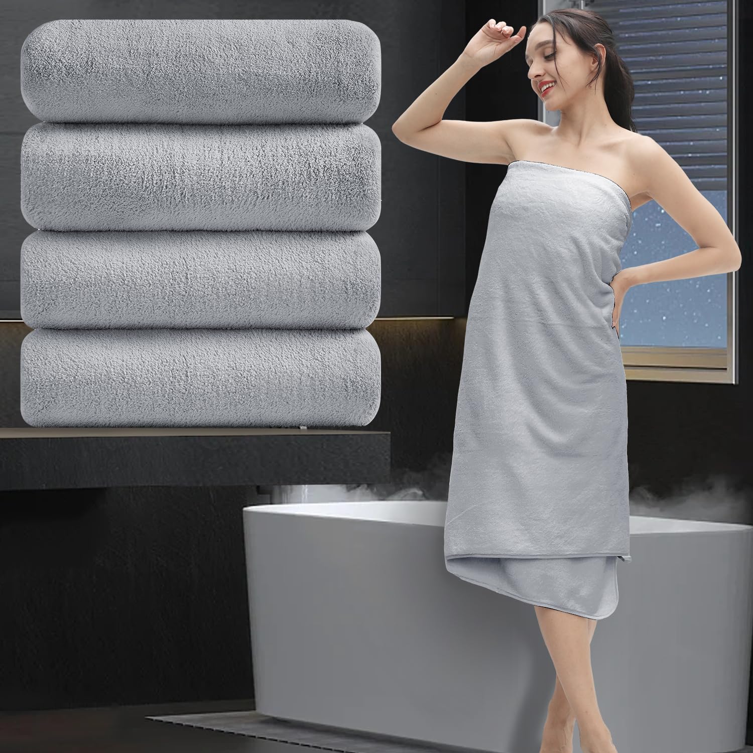 MAGGEA 4 Piece Oversized Bath Sheet Towels (35 x 70 in,Grey) 700 GSM Ultra Soft Bath Towel Set Thick Large Cozy Plush Highly Absorbent Towels Quick Dry Bathroom Towels Hotel Luxury Shower Towels