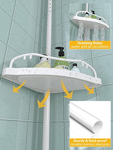 Corner Shower Caddy Tension Pole, Bathroom Organizer Stand Pole with 4 Plastic Baskets, for Bathtub Shampoo Accessories Storage Rake Freestanding, 54 to 114 inch Height, White
