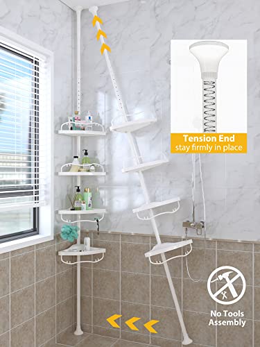 Corner Shower Caddy Tension Pole, Bathroom Organizer Stand Pole with 4 Plastic Baskets, for Bathtub Shampoo Accessories Storage Rake Freestanding, 54 to 114 inch Height, White