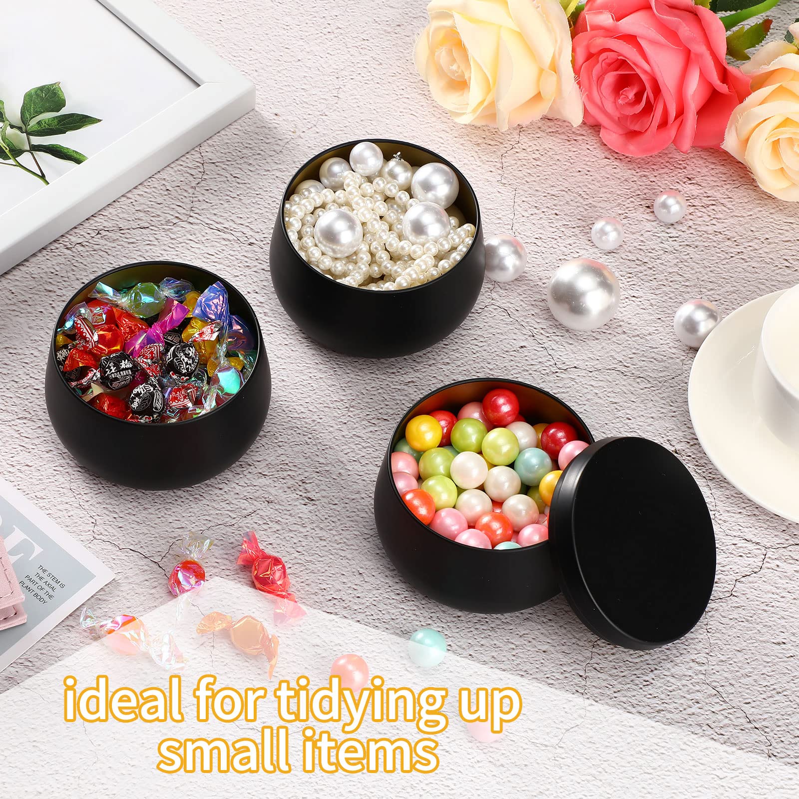 Candle Tin with Lids Candle Jars Portable Round Candle Tin Container Large Candle Metal Tin with 24 Thank You Sticker for DIY Bulk Candle Making Kitchen Candy 24 Pieces 8 oz (Black)