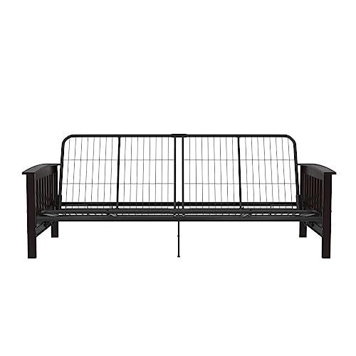 DHP Laurel Full Size Espresso Wood Arm Futon Frame with 6" Thermobonded High Density Polyester Fill Tan Microfiber Mattress