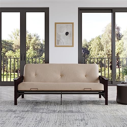 DHP Laurel Full Size Espresso Wood Arm Futon Frame with 6" Thermobonded High Density Polyester Fill Tan Microfiber Mattress