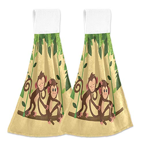 Alaza 2 Pcs Kitchen Towel, Jungle Monkeys Playing Swing Absorbent Towel Hanging Towel Hand Towel