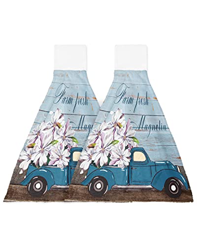 Chucoco Garden Magnolia Flower Blue Truck Kitchen Hanging Towel, Set of 2 Absorbent Soft Hand Tie Towel Watercolor Retro Wood Grain Durable Tea Bar Dish Towels for Bathroom Laundry Room Decor