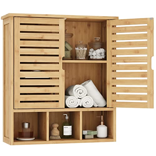 FORABAMB Bathroom Wall Cabinet Wood Medicine Cabinets with 2 Doors & Adjustable Shelves Over The Toilet Storage Cabinet with 3 Compartments Wall Mounted Storage Organizer for Kitchen Laundry Room