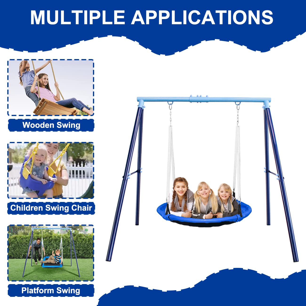 JYGOPLA 500lbs Saucer Swing with Frame, Kids Swing Set for Outdoor Backyard,1 45'' Saucer Tree Swing + 1 Heavy Duty Metal Swing Frame(Blue)