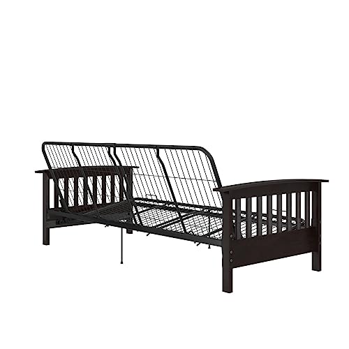 DHP Laurel Full Size Espresso Wood Arm Futon Frame with 6" Thermobonded High Density Polyester Fill Tan Microfiber Mattress